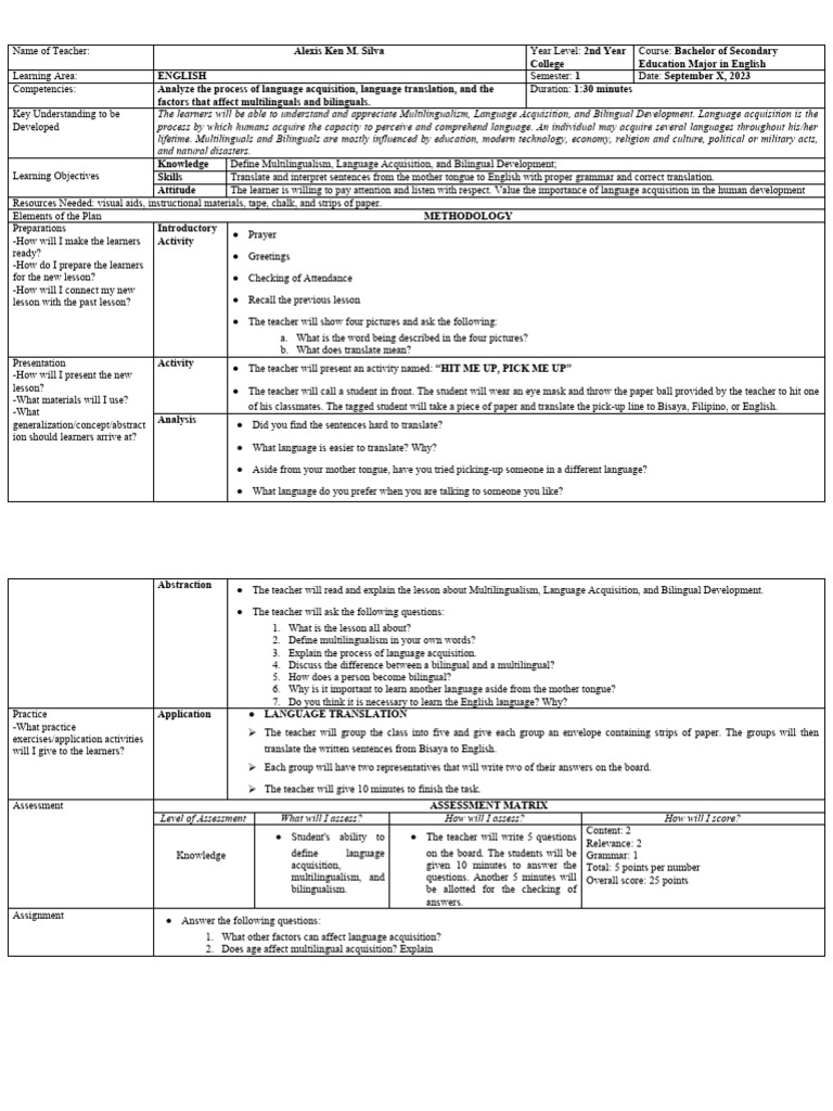Lesson Plan 2nd Year. Long 2 | PDF | Multilingualism | Language Acquisition