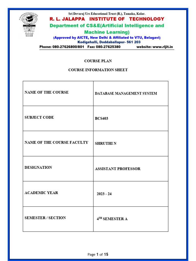 Database Management Systems Course Plan | PDF | Relational Model | No Sql