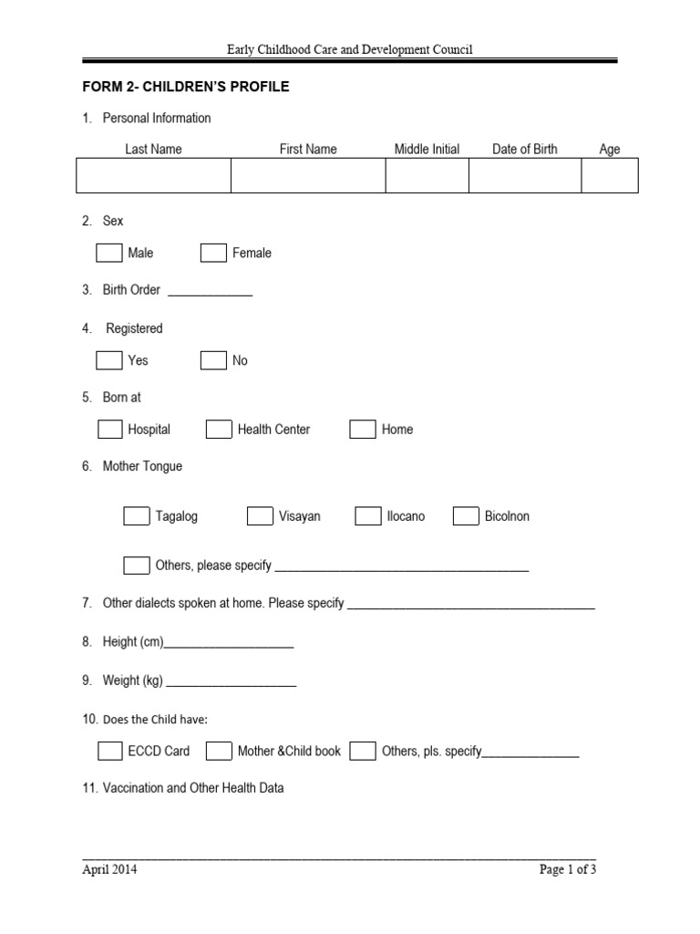 Child Profile Form for Early Education | PDF | Child Care | Preschool