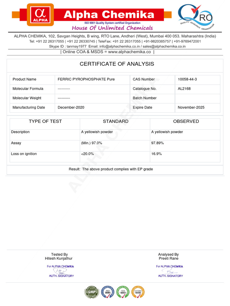 Certificate of Analysis AL2168 | PDF