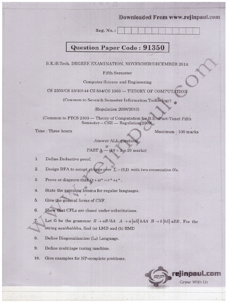 Cs2303 Toc Nov - Dec2014 Rejinpaul Questionpaper | PDF