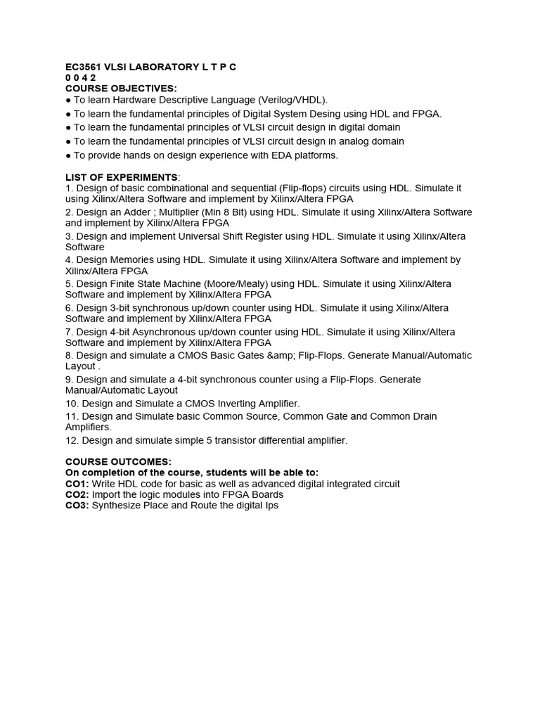 Ec3561 Vlsi Laboratory L T P C | PDF | Hardware Description Language | Field Programmable Gate Array