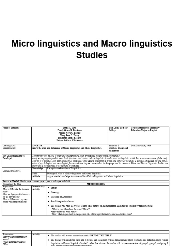 Lesson Plan Micro and Macro Linguistics Studies | PDF | Linguistics ...