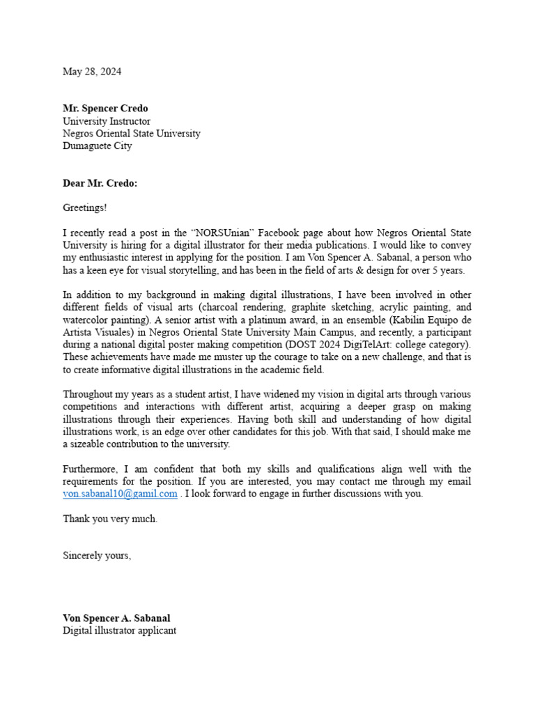 Application Letter Draft Ni Von | PDF