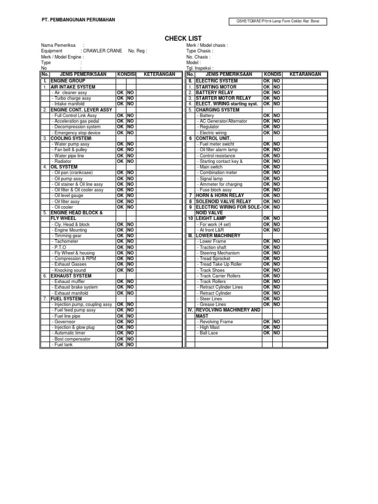Check List Alat Berat Clawler Crane | PDF | Brake | Clutch