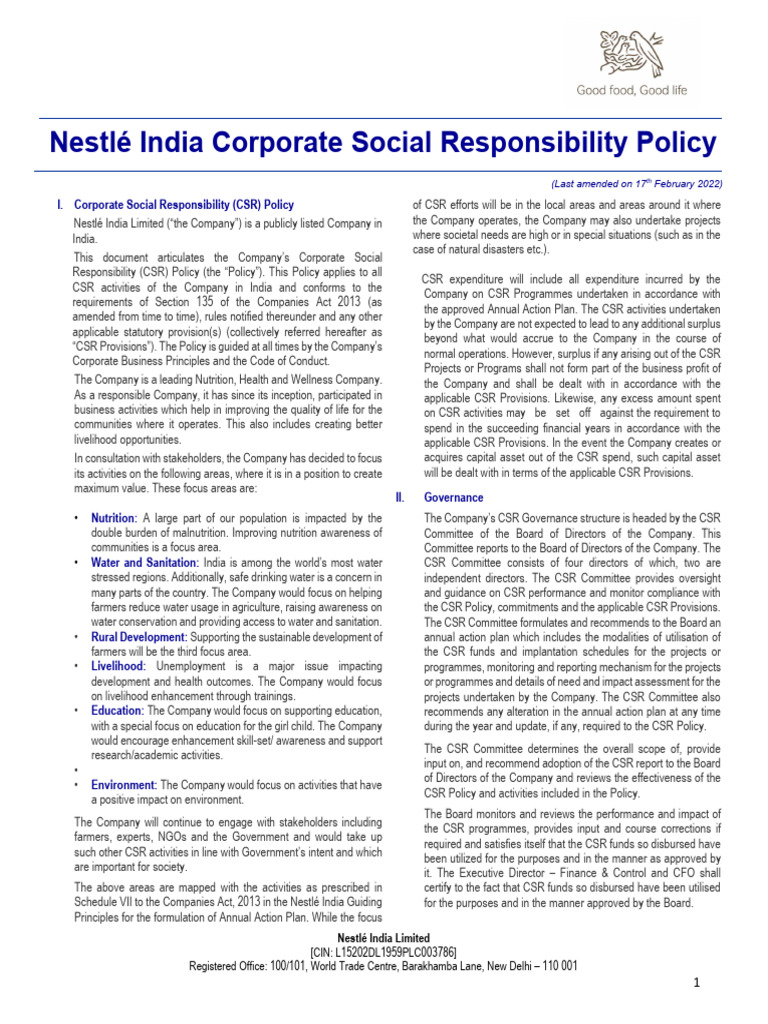 Corporate Social Responsibility Nestle | PDF | Corporate Social ...