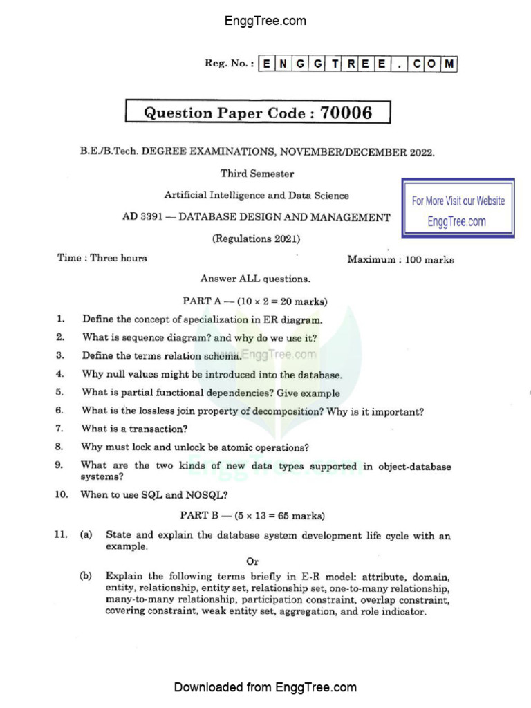 AD3391 Database Design and Management Nov Dec 2022 Question Paper Download | PDF | Home & Garden