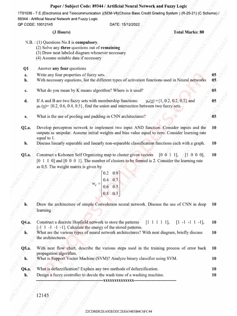 Be Electronics and Telecommunication Semester 6 2022 December Artificial Neural Network and ...