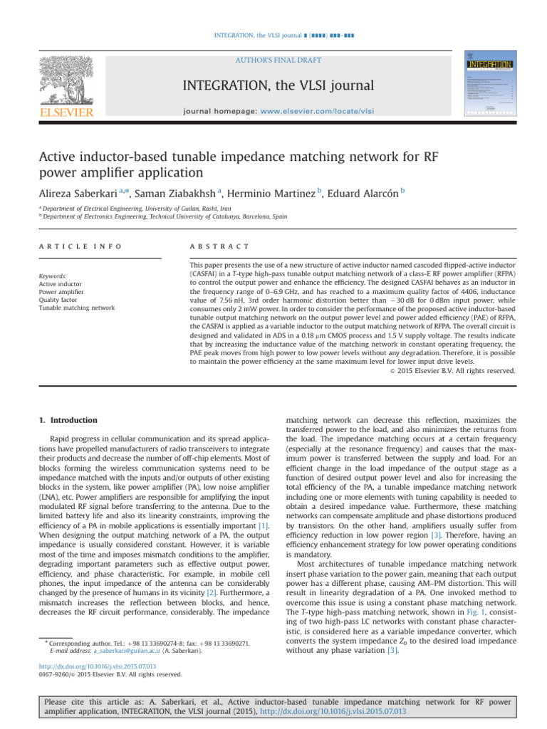 Active Inductor-Based Tunable Impedance Matching Network For RF | PDF | Amplifier | Inductor