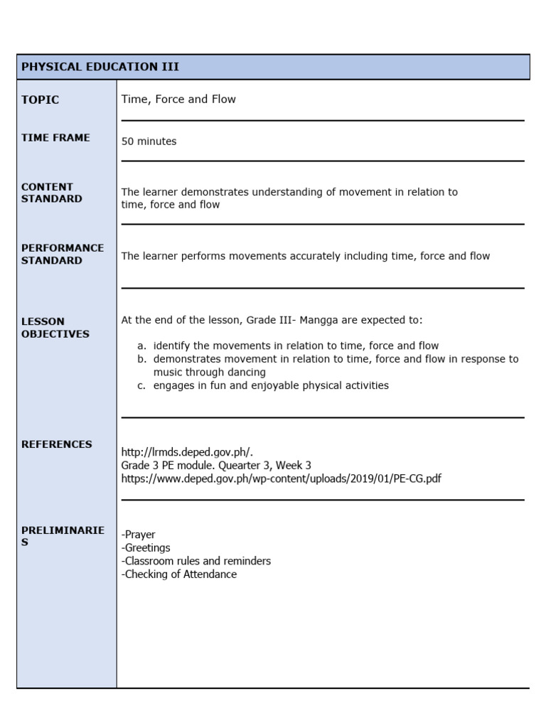 Pe Lessonplan | PDF | Force | Learning