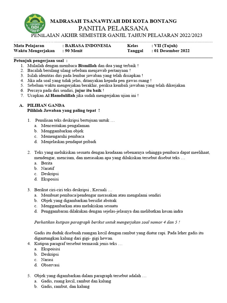 Soal Bindo 7 Pas Ganjil 2022 2023 | PDF