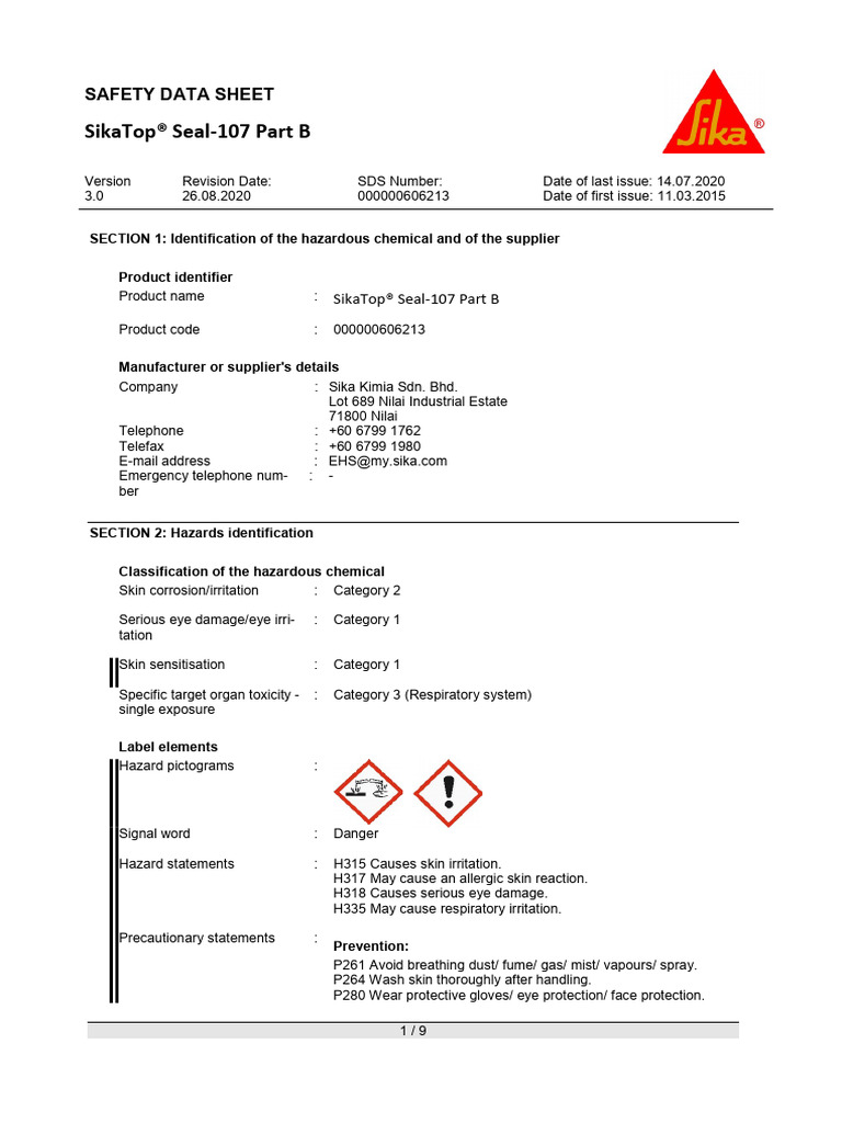 SIKA TOP-Seal 107-SDS PART B | PDF | Toxicity | Dangerous Goods