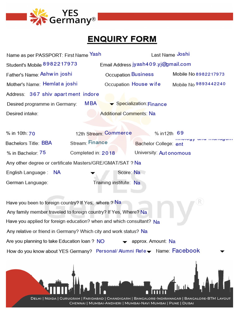 Yes Germany Enquiry Form 2022-2023 Blank | PDF