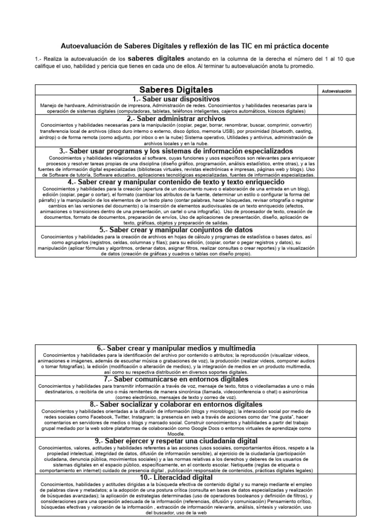 Autoevaluación de Saberes Digitales y Reflexión de Las TIC en Mi Práctica Docente | PDF ...