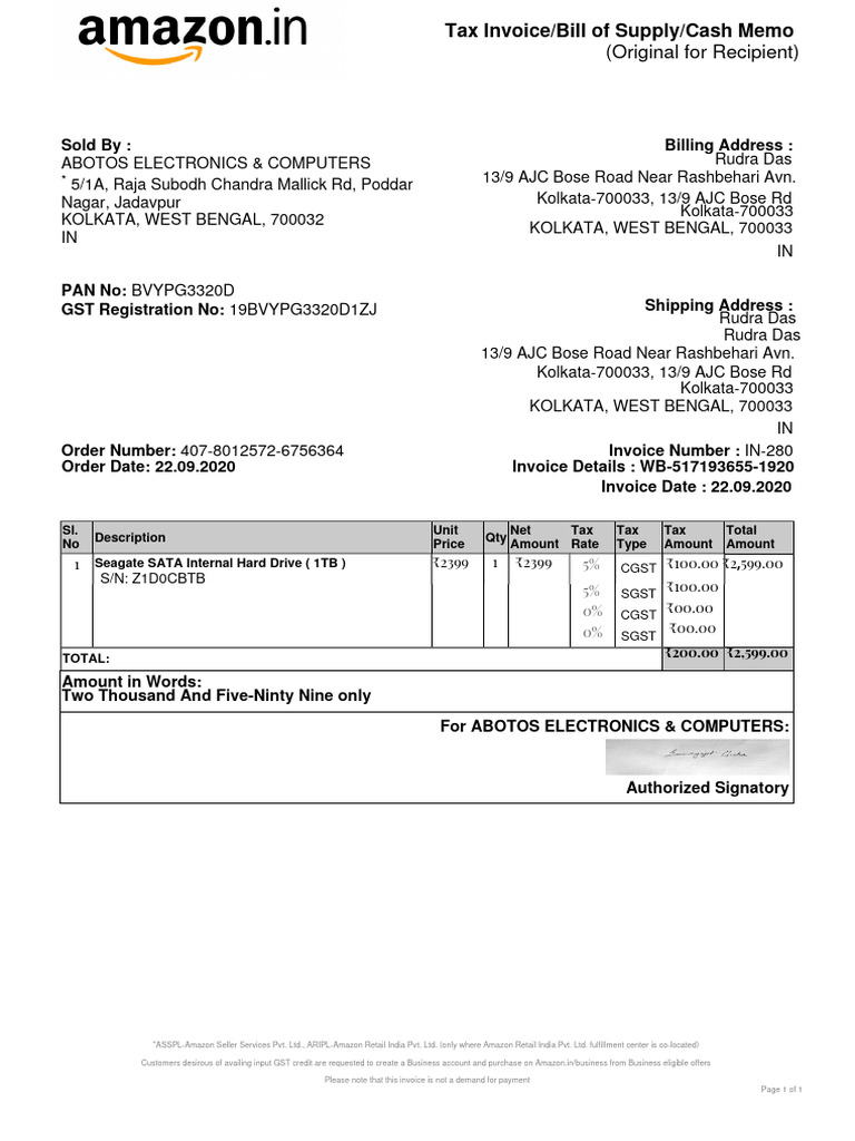 Invoice of Seagate 1Tb hard disk | PDF | Invoice | Taxation