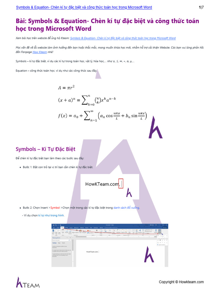 HOWKTEAM.VN - Symbols & Equation- Chèn kí tự đặc biệt và công thức toán ...