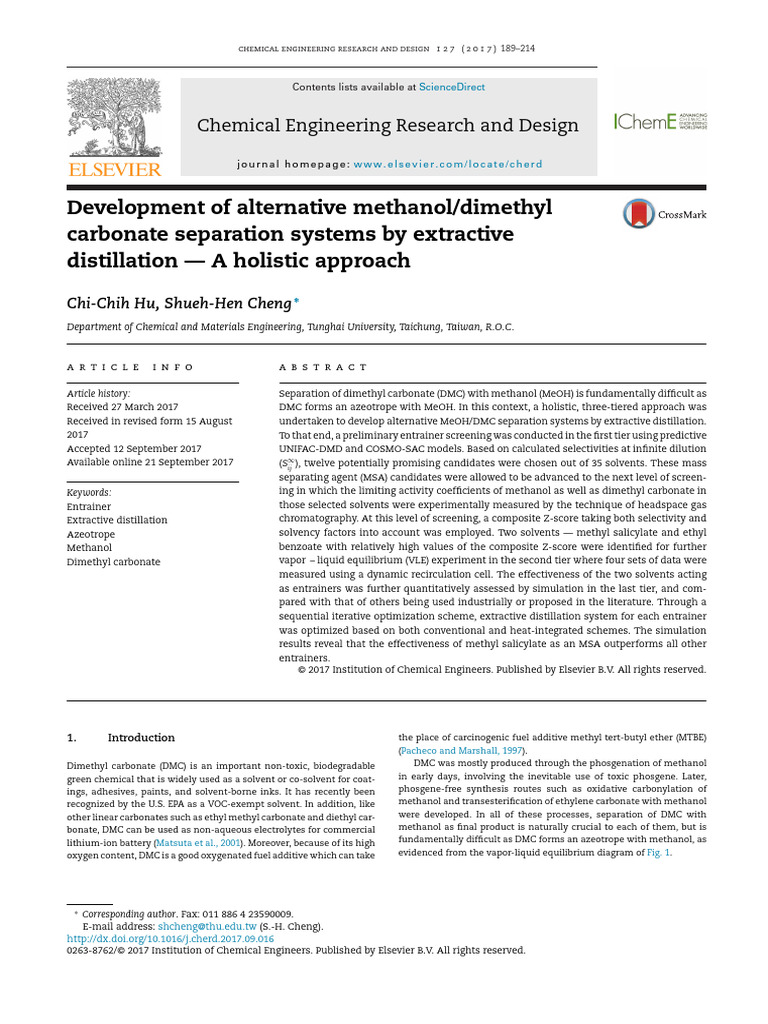 Development of Alternative Methanol/dimethyl Carbonate Separation ...