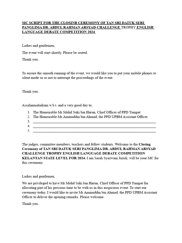 MC Script For Closing Ceremony | PDF