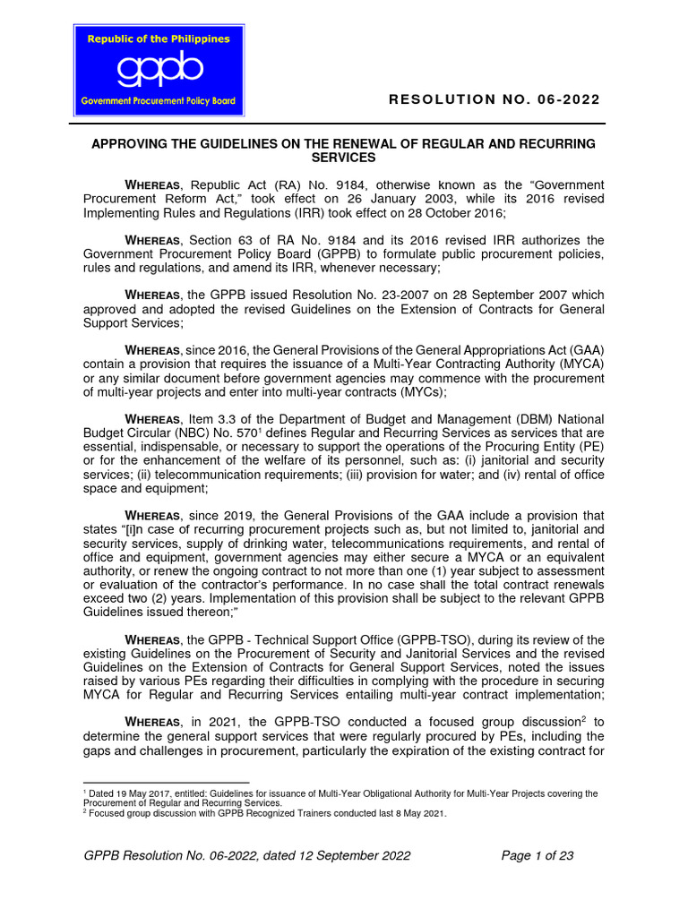 GPPB-Resolution-No.-06-2022 Renewal of Contracts For Regular and Recurring Services | PDF ...