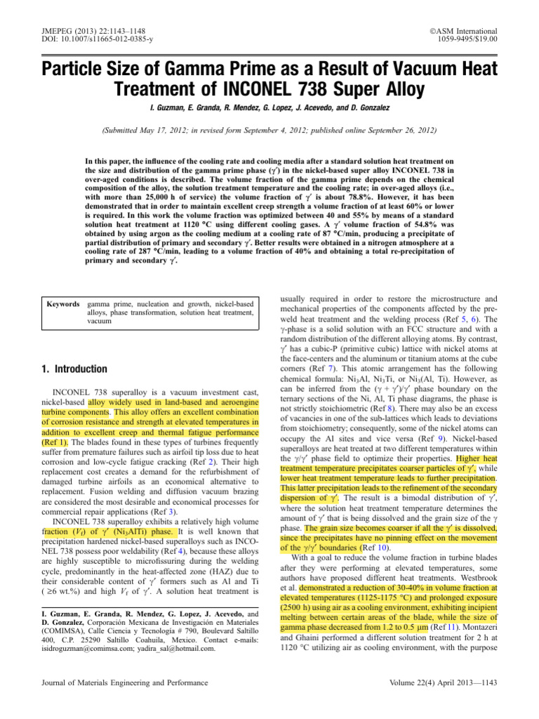 Particle Size of Gamma Prime As A Result of Vacuum Heat Treatment of ...
