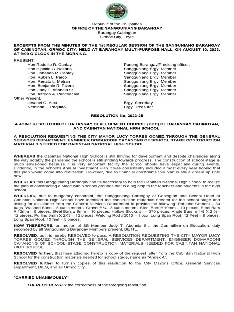 Resolution 25 - Resolution Requesting For CNHS School Stage | PDF | Policy | Justice