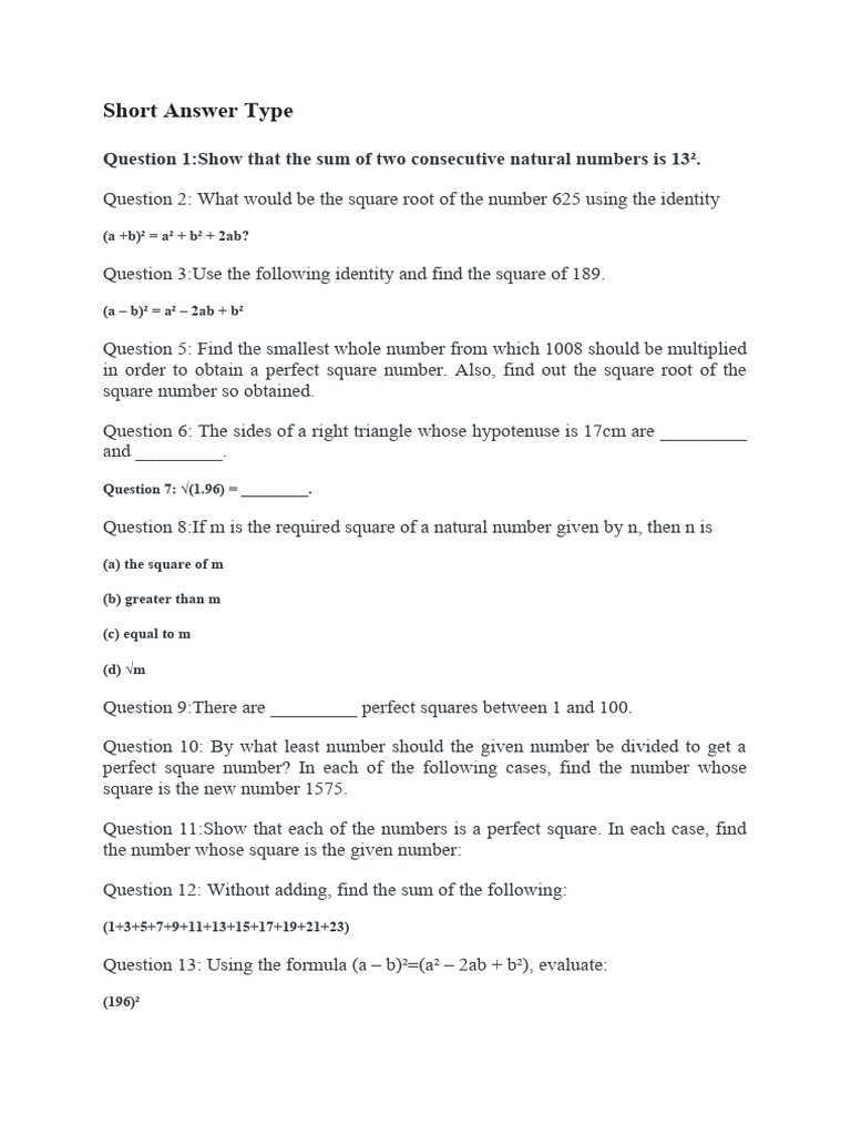 Squares and Square Roots Class 8 Extra Questions Very Short Answer Type ...