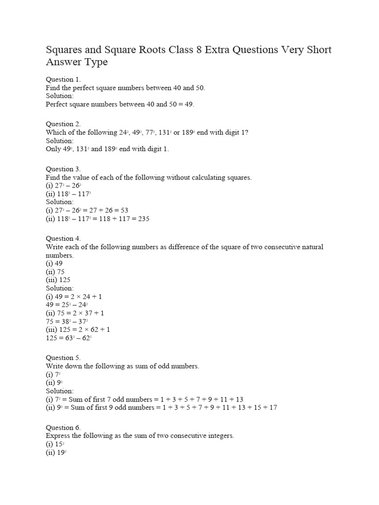 Squares and Square Roots Class 8 Extra Questions Very Short Answer Type ...