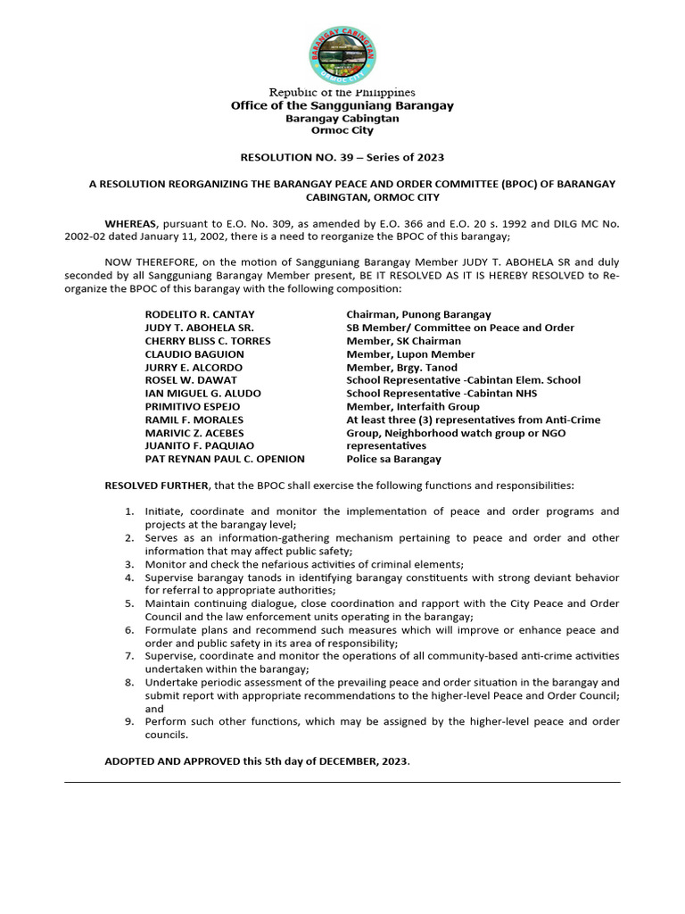 RESOLUTION-39-2023-BPOC Reorganizing | PDF | Justice | Crime & Violence