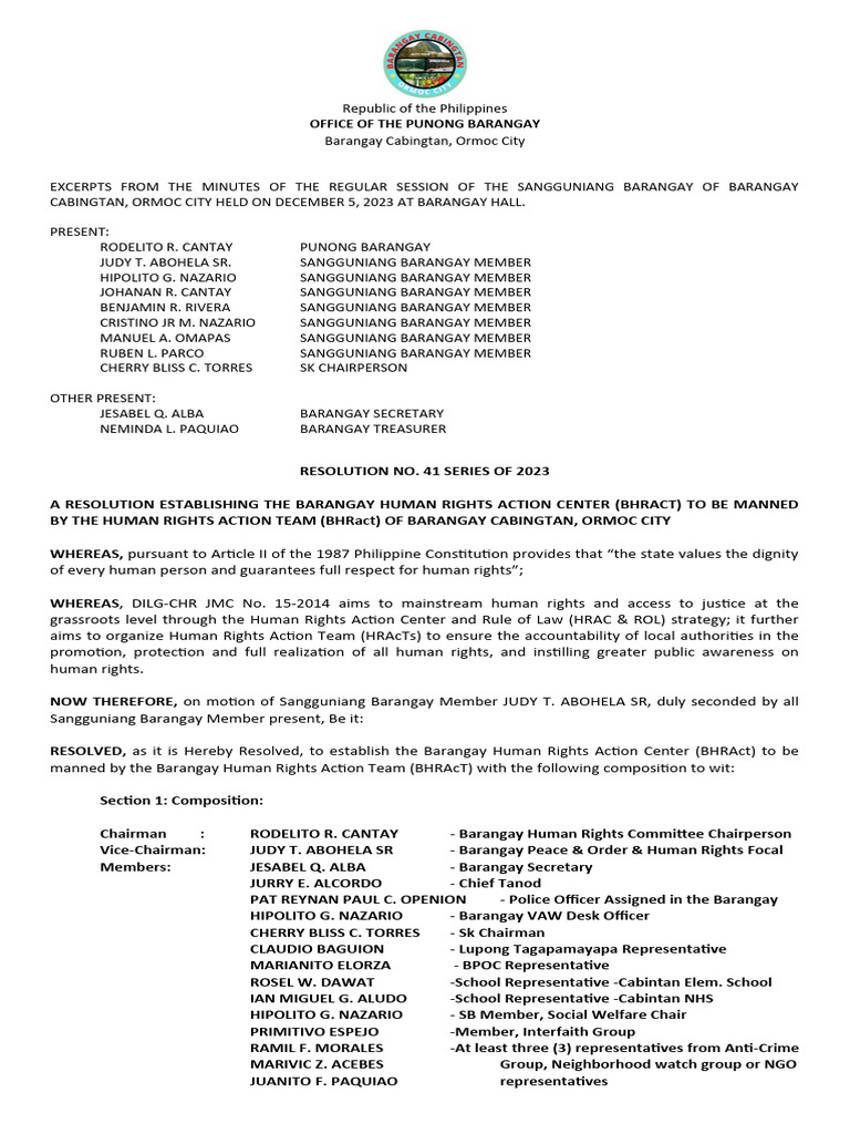 RESOLUTION-41-2023-BHRAct - Reorganizing | PDF | Human Rights | Government