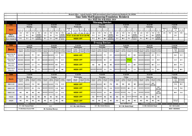 Time Table Fdn Med Engg 01 July To 07 July 2024 Pdf
