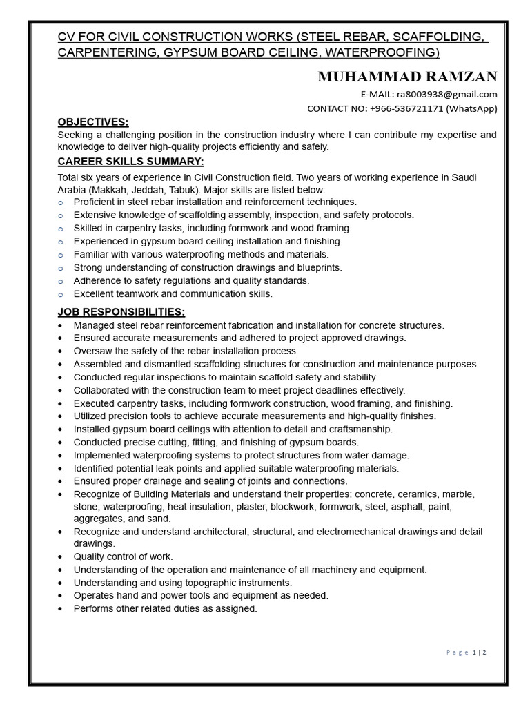 Muhammad Ramzan - Civil Construction Works CV 2023 | PDF | Concrete ...
