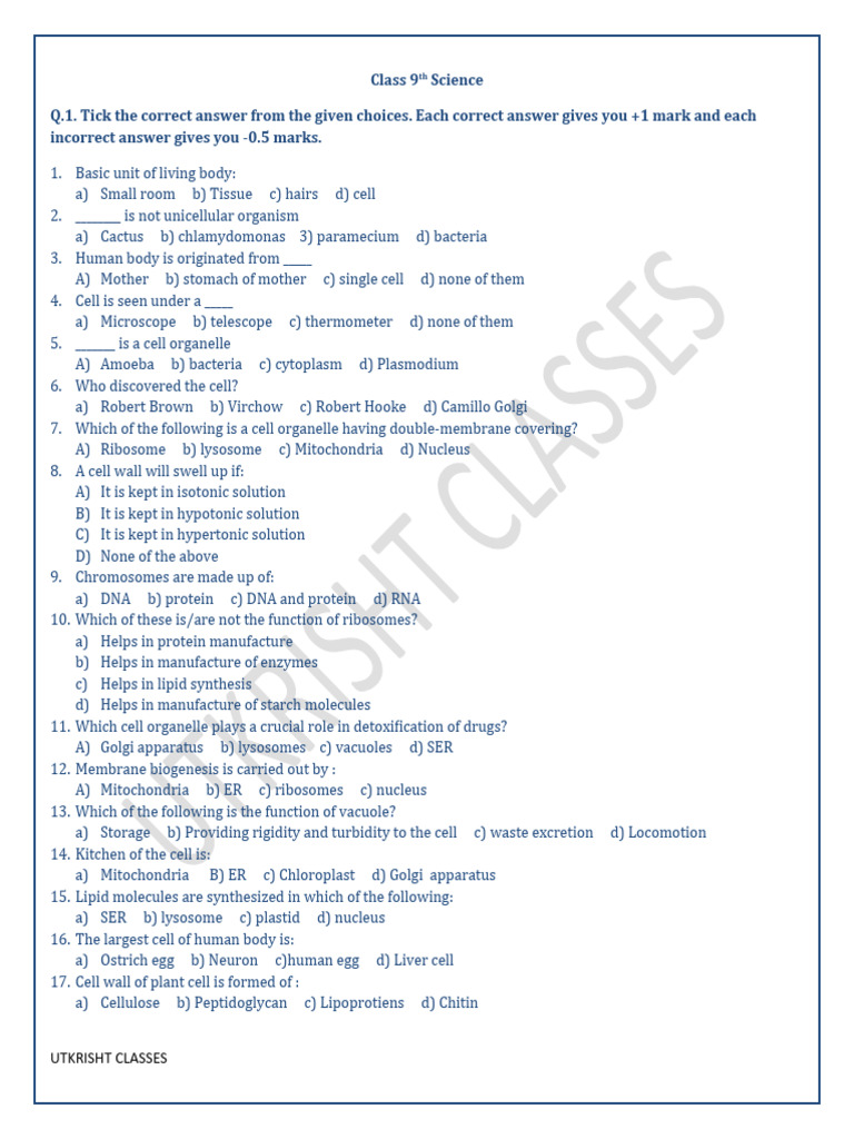 MCQs Class 9 Science | Download Free PDF | Cell (Biology) | Endoplasmic ...