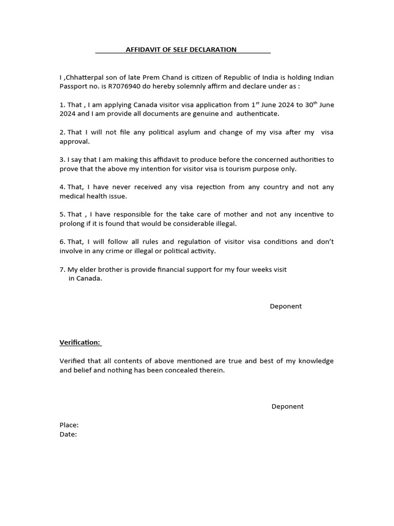 Self Declaration Affidavit for Visa | PDF