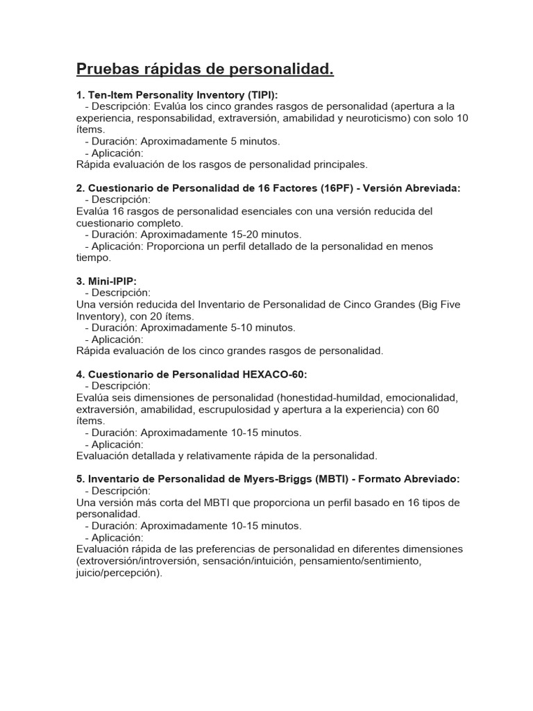 Pruebas Rápidas de Personalidad y Emocionalidad | PDF | Inteligencia ...