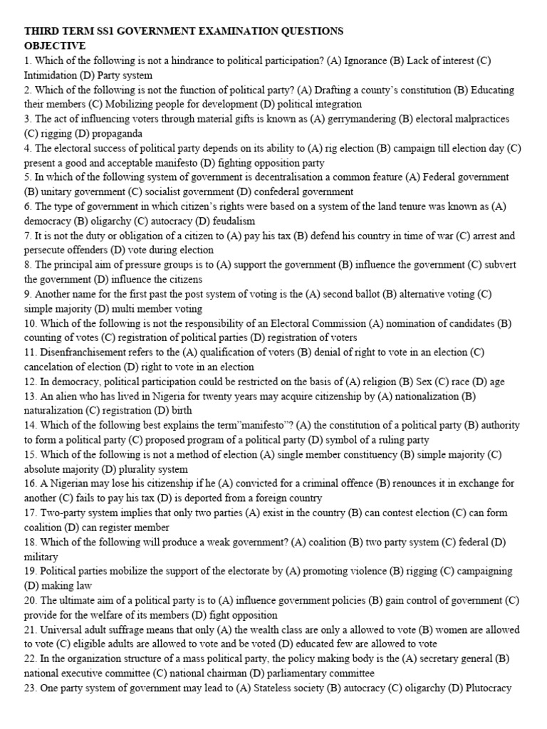 Third Term SS1 Government Examination Questions 1 | PDF | Political ...