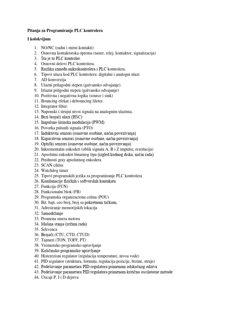 Pitanja Za Programiranje PLC Kontrolera | PDF