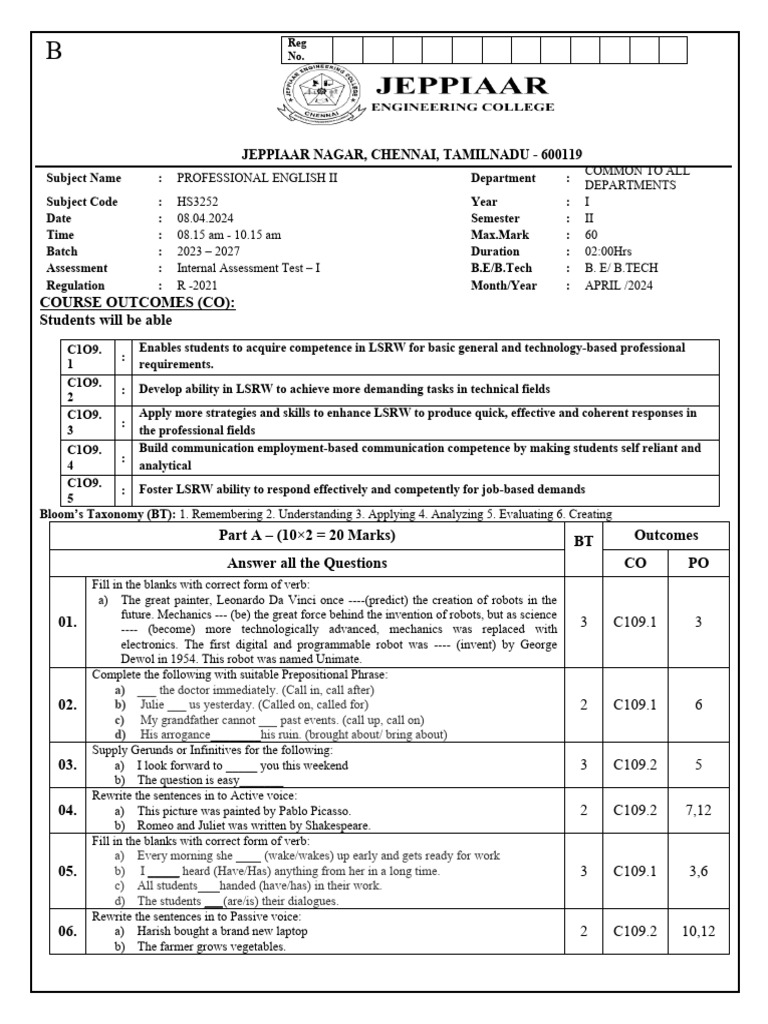 Professional English II Question Paper Format 8-3-24 | PDF | Computers