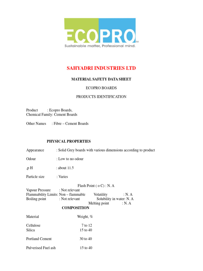 Ecopro Cement Boards Safety Data | PDF | Dust | Waste Management