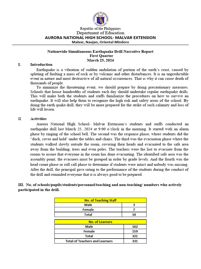 1st Quarter NSED Narrative Report | PDF | Earthquakes | Disasters