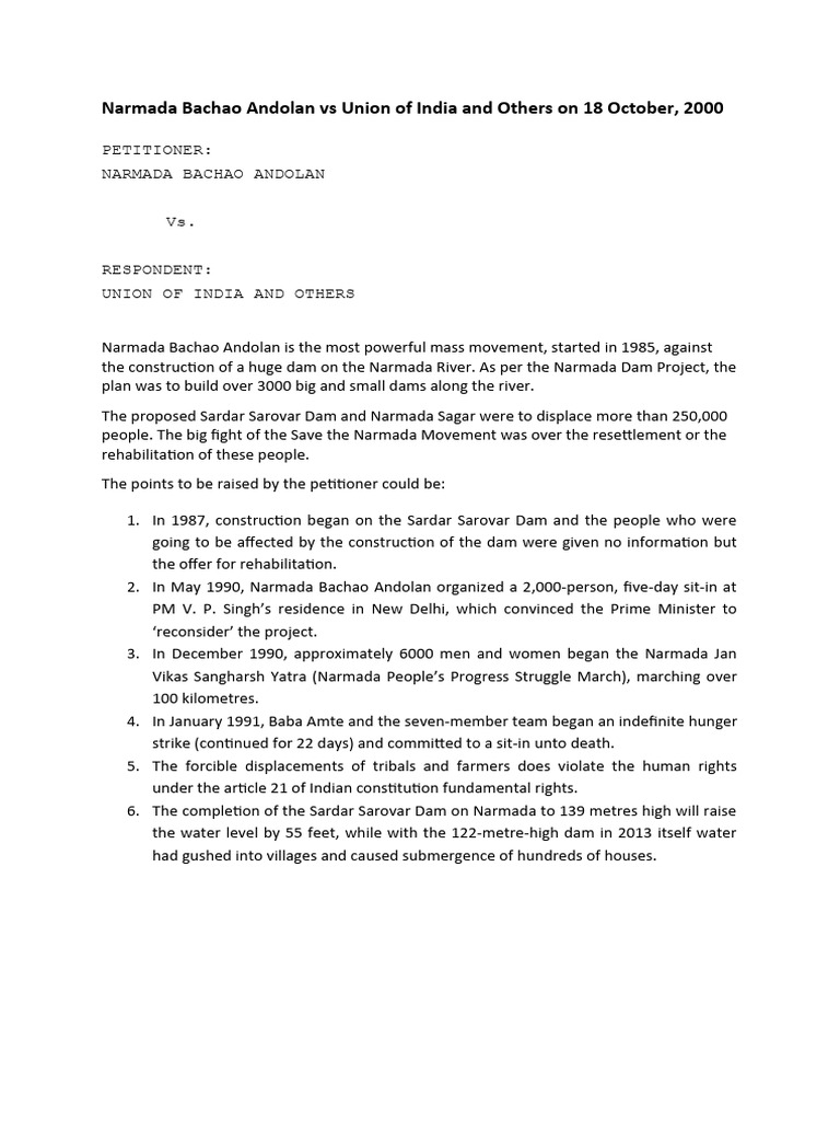 Narmada Bachao Andolan Vs Union of India and Others On 18 October 11 ...