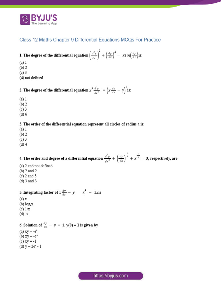 Class 12 Maths Chapter 9 Differential Equations MCQs | PDF | Equations | Mathematical Analysis