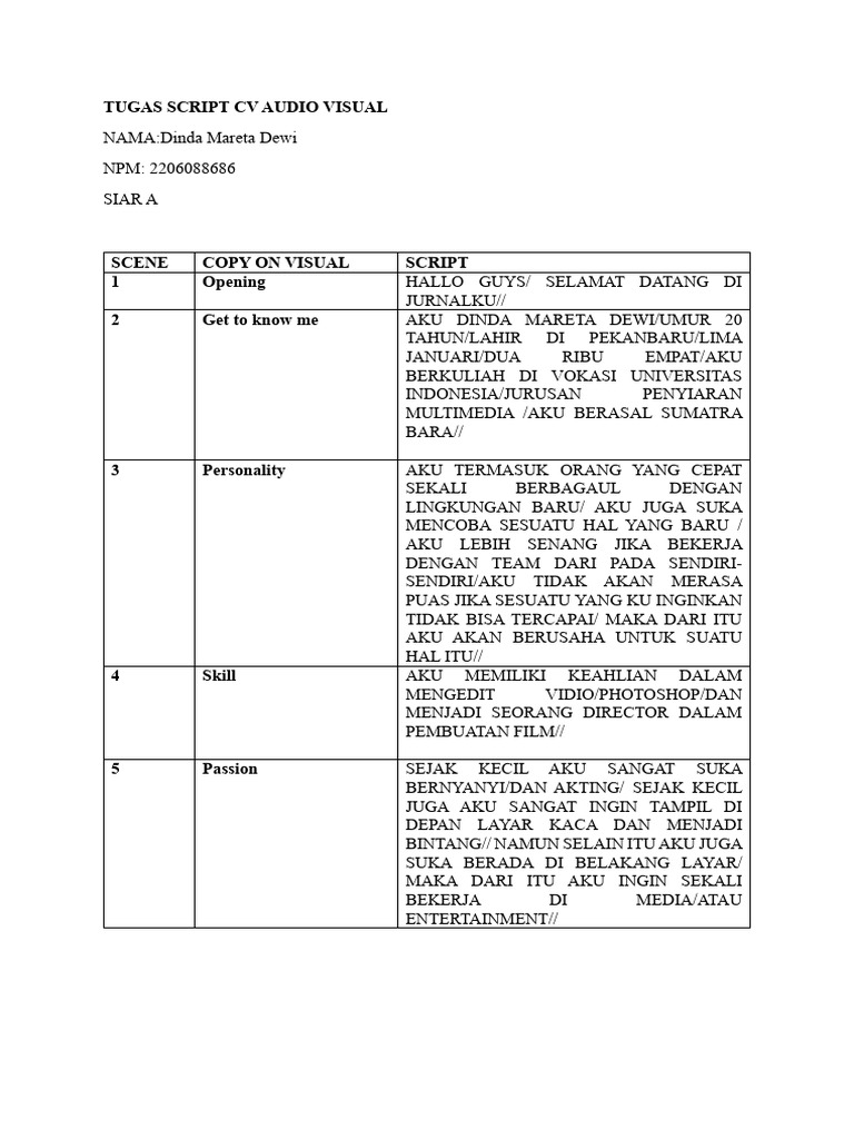 Tugas Script CV Audio Visual | PDF | Pengembangan Diri