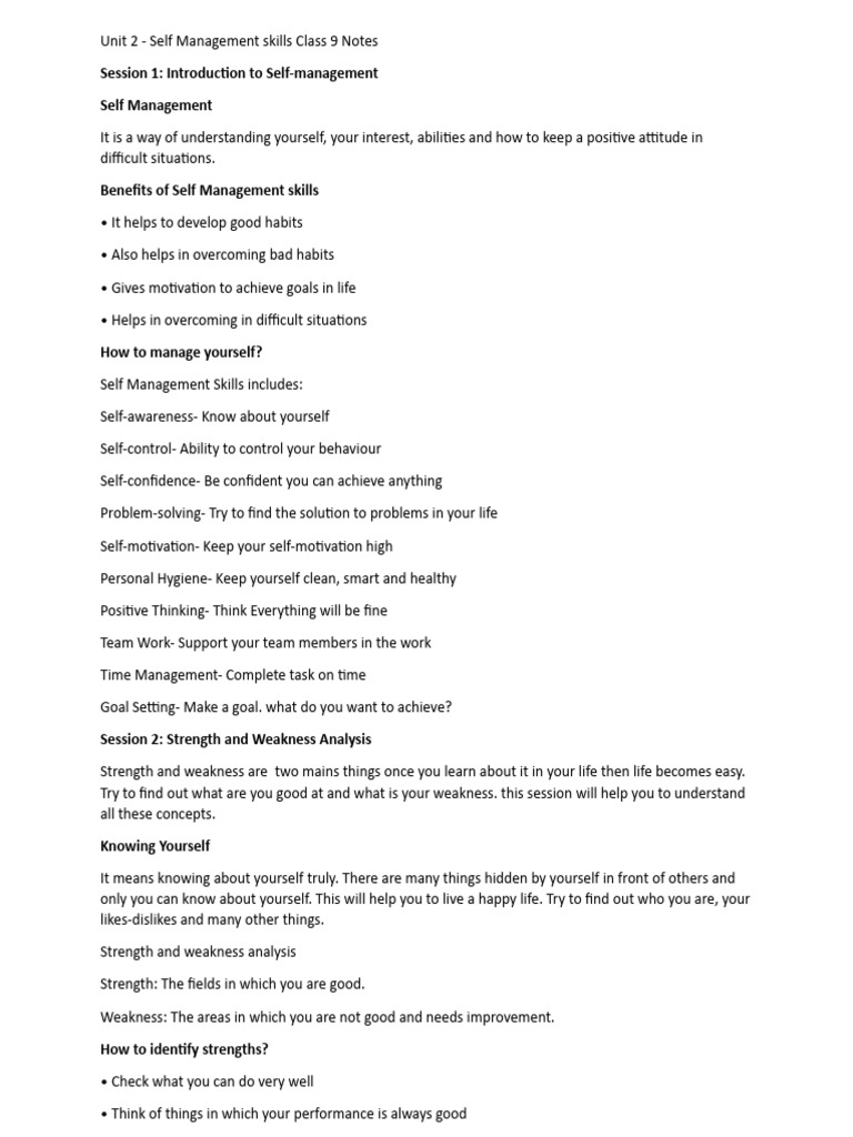 Class 9 Self Management Skills Notes | PDF | Psychology | Cognitive Science