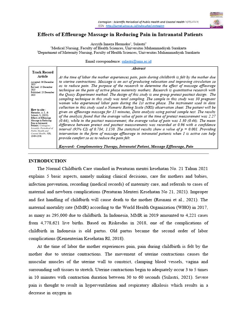Effleurage Massage Reduces Intranatal Pain | PDF | Childbirth | Massage