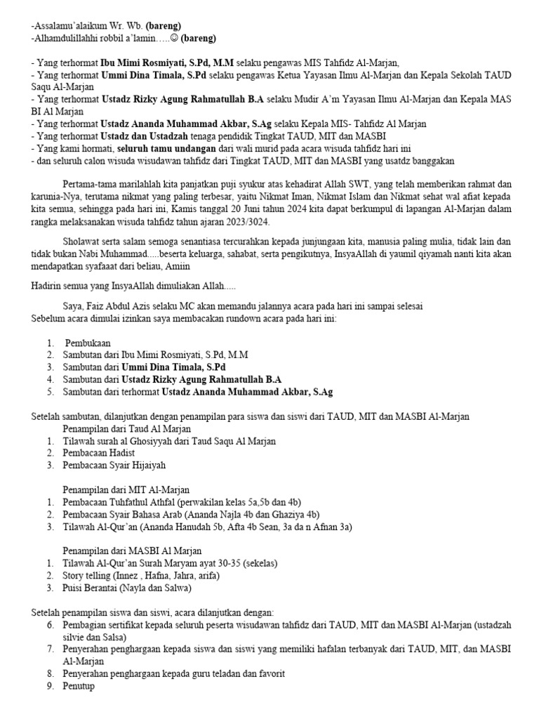 Teks Mc-Wisuda Tahfidz | PDF