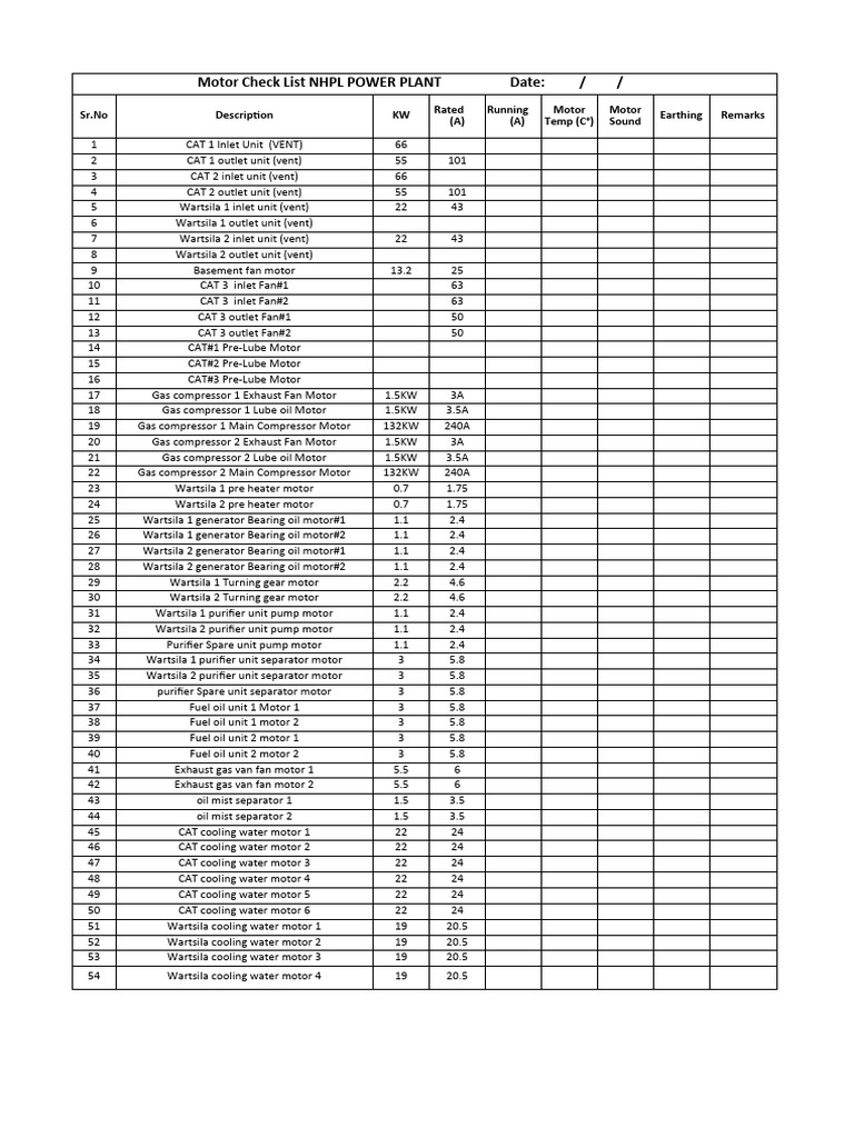 Motor check List | Download Free PDF | Engines | Gases