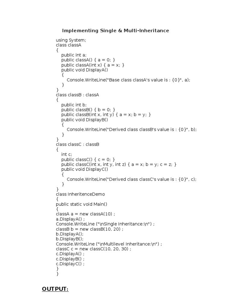 Implementing Single & Multi-Inheritance: Output | PDF | Computers