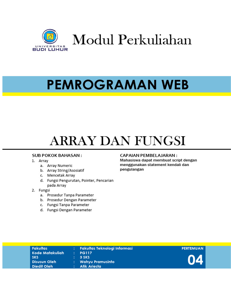 Pertemuan 4 Array Dan Fungsi Compressed | PDF | Metode & Bahan Ajar | Komputer