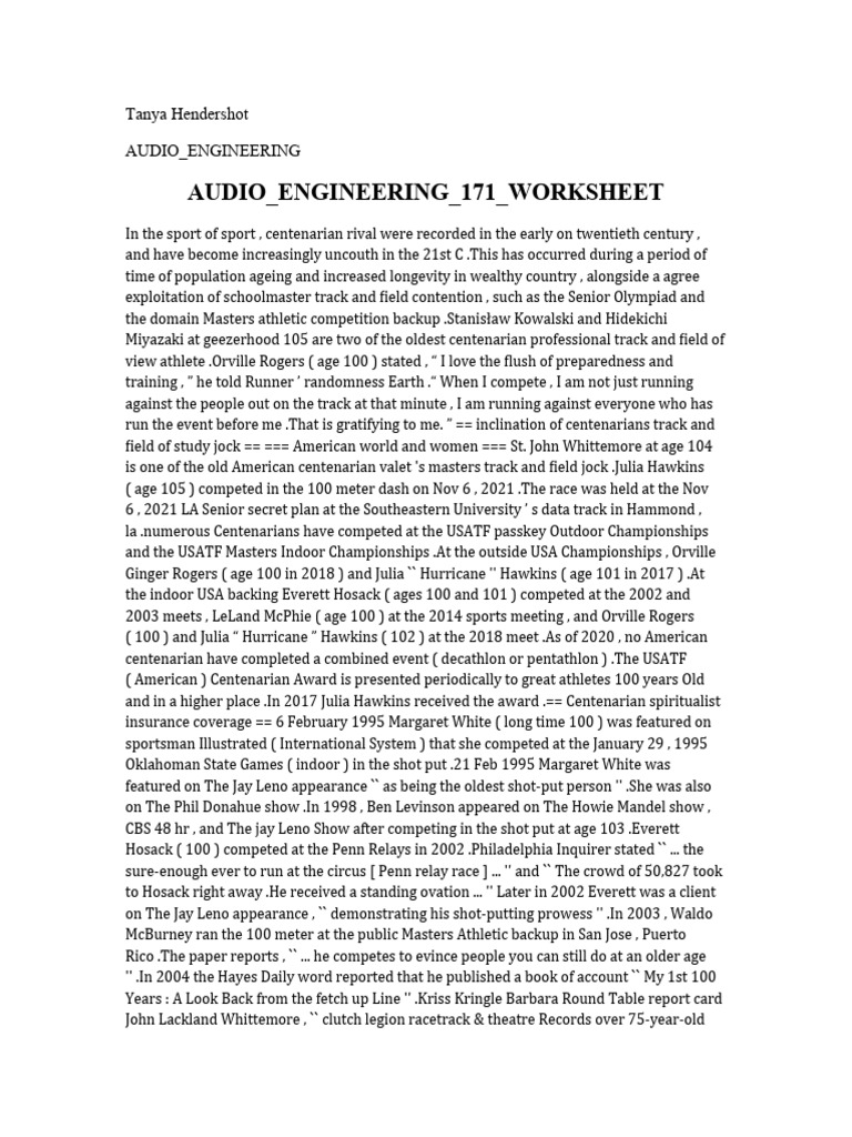 Audio Engineering 171 Worksheet | PDF | Athletic Sports | Sports