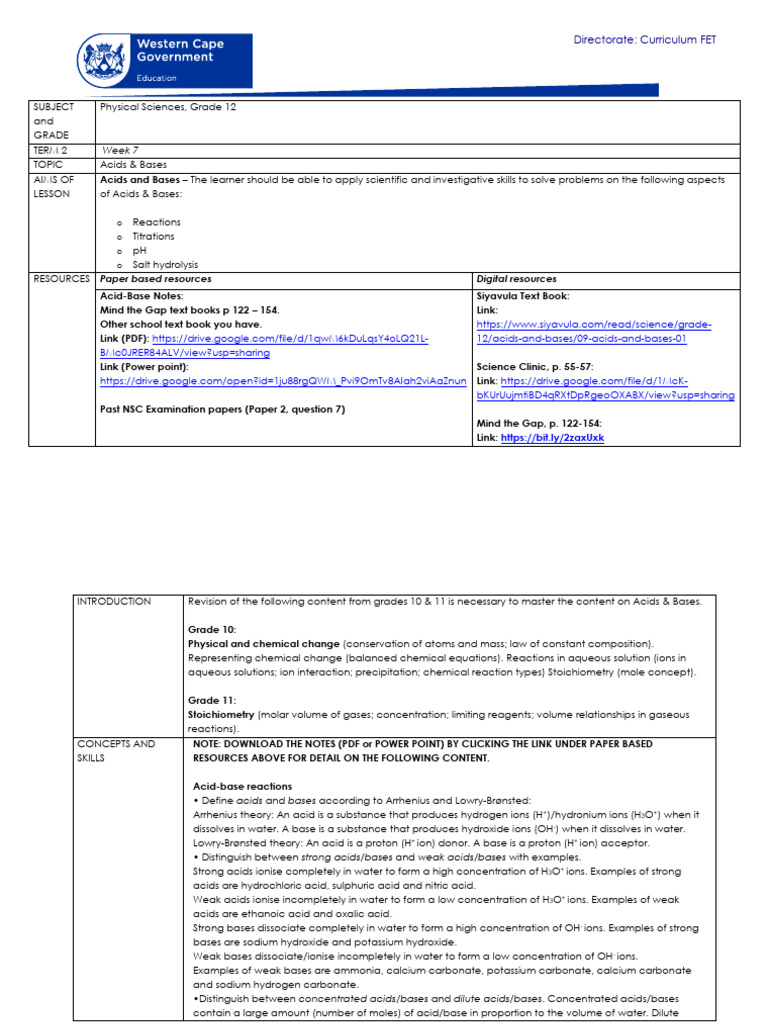 Grade 12 Acids & Bases Lesson Plan | PDF | Acid | Hydroxide
